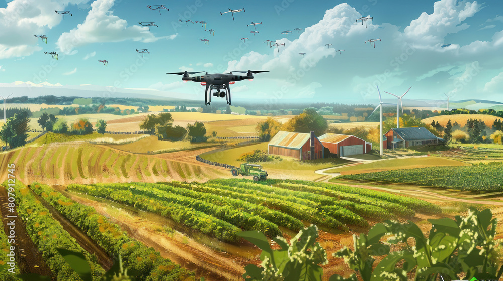 a depiction of agricultural drones equipped with lidar sensors mapping ...