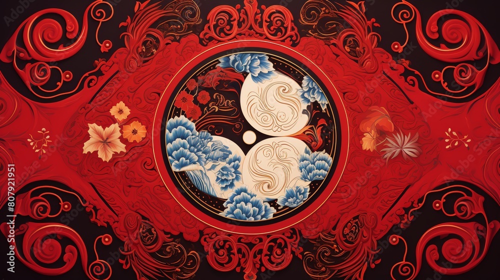 Vibrant artwork featuring a stylized Yin and Yang symbol surrounded by ...