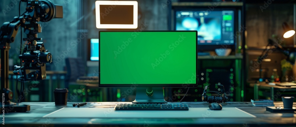 The desk computer shows a green mock-up screen in the foreground. A ...