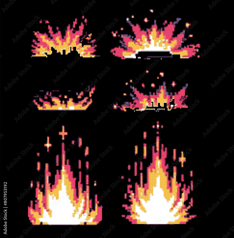 Pixel art 8-bit fire flames, explosion flashes and cartoon sparks set ...