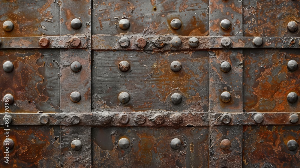 The rustic metal background with rivets and a weathered patina offers a ...