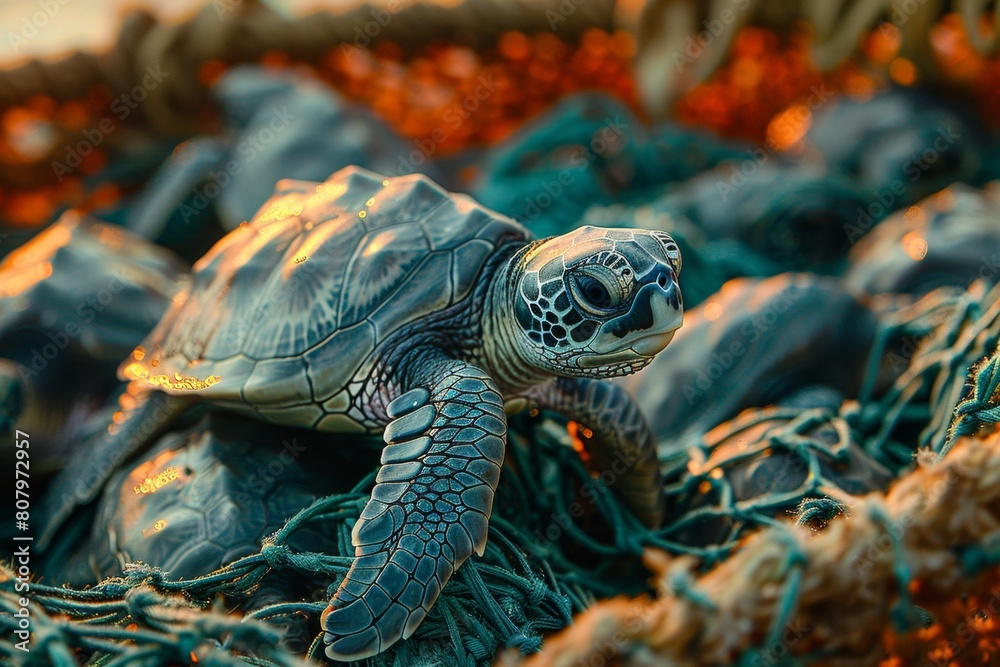 Turtles trapped in fishing nets due to ocean pollution, in sea water ...