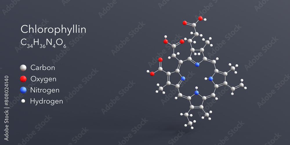 chlorophyllin molecule 3d rendering, flat molecular structure with ...