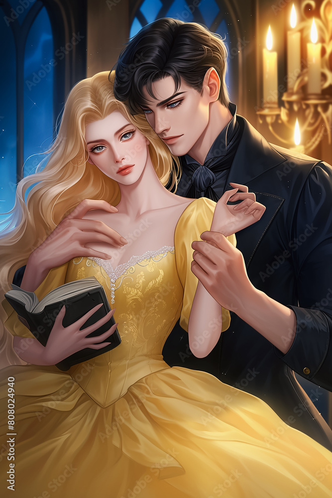 Beautiful fantasy couple, aristocrats, drawing, digital processing ...