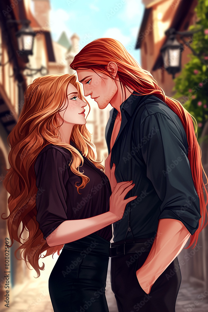 Beautiful fantasy couple, aristocrats, drawing, digital processing ...