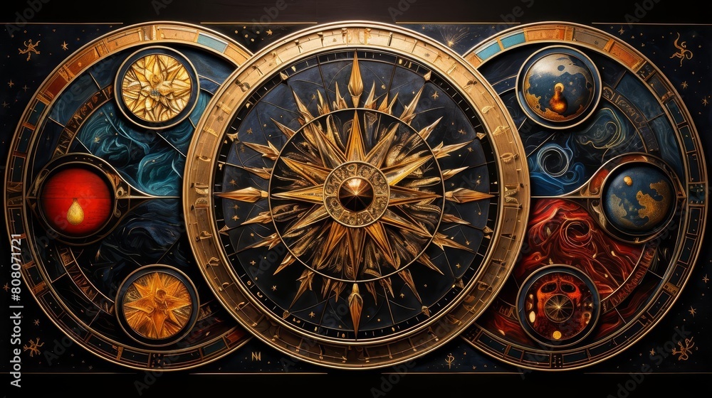 Wheel of Fortune tarot card, symmetrically arranged symbols of fate and ...