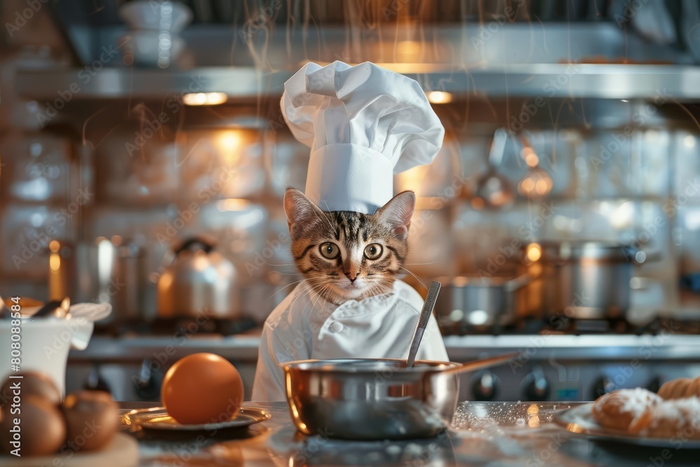 Amazing of domestic animal, a cat wearing a gourmet chefs hat, cooking ...