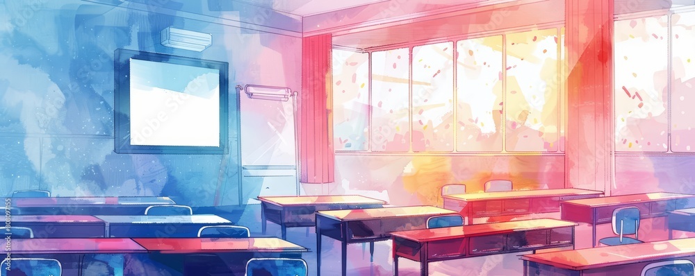 Minimal watercolor of a modern classroom enhancing interactive ...