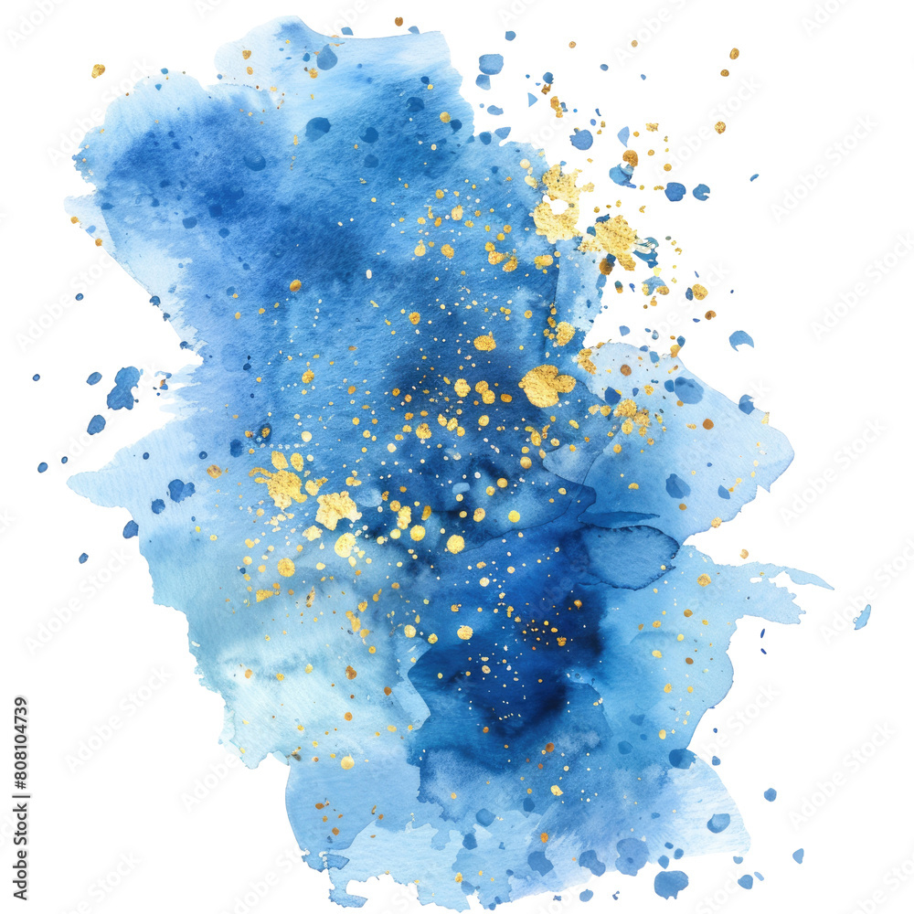 Watercolor long splash, soft marisol blue color palette, gold confetti ...