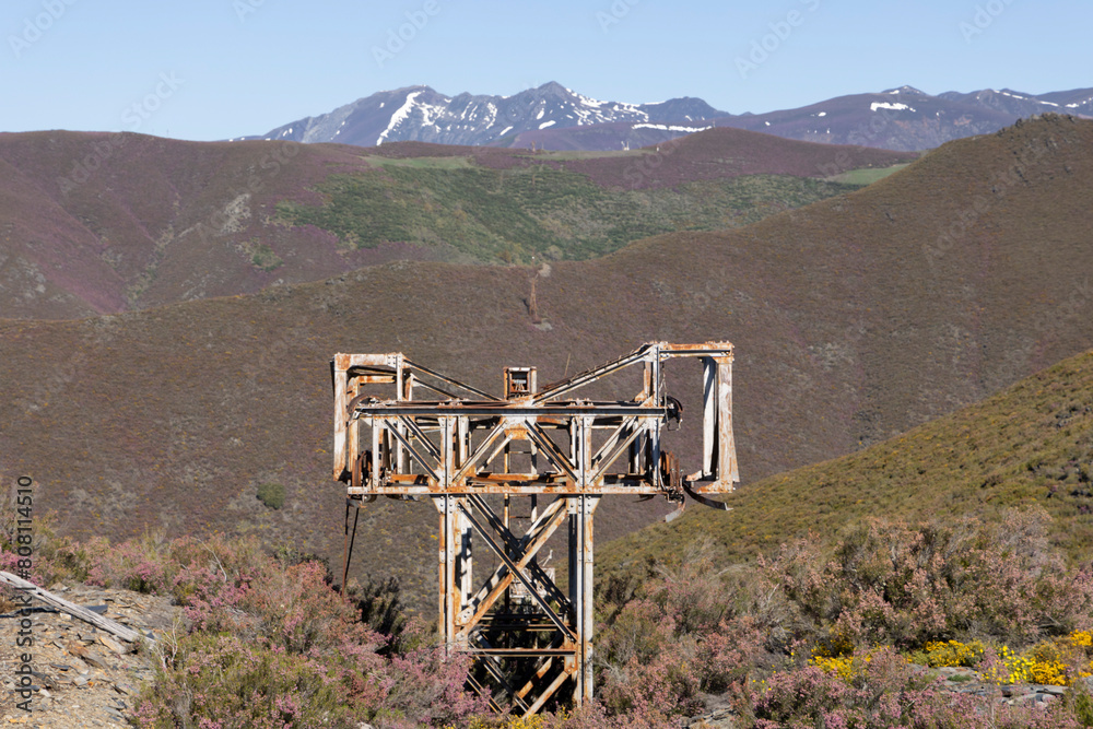 Metal structure tower with concrete base from coal mine cable cart ...