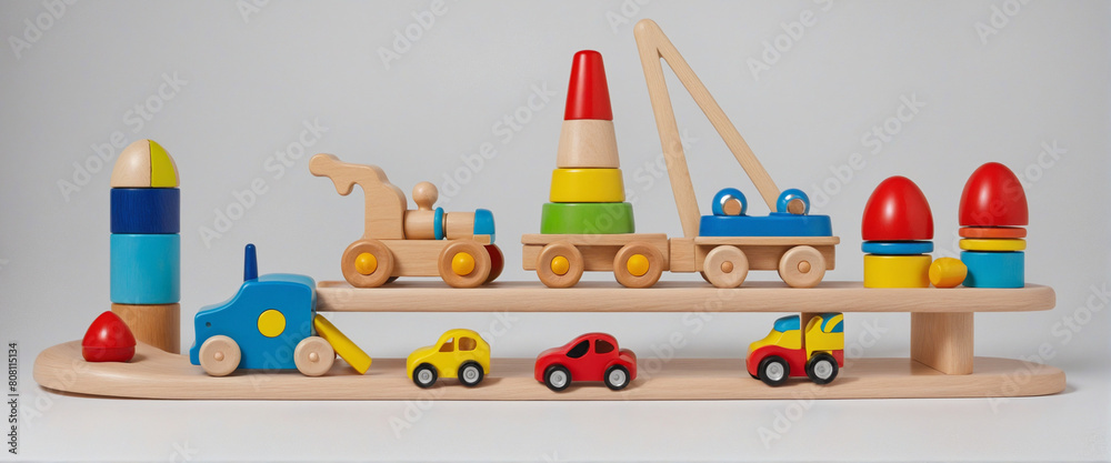 Colorful wooden toy transportation set for children, featuring a truck ...