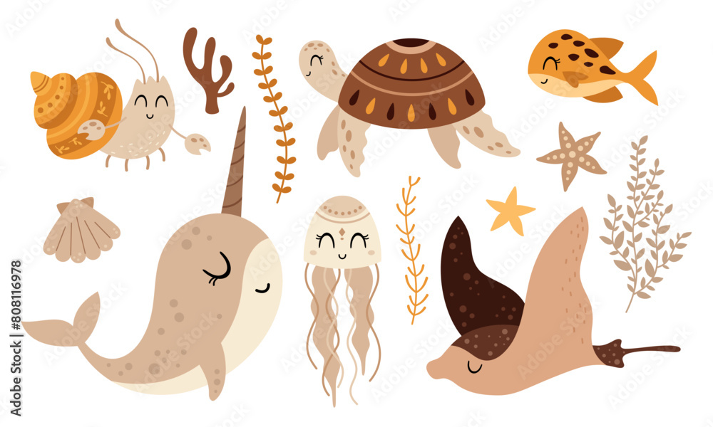 Sea animals clipart with narwhal, turtle, crayfish, fish, jellyfish ...
