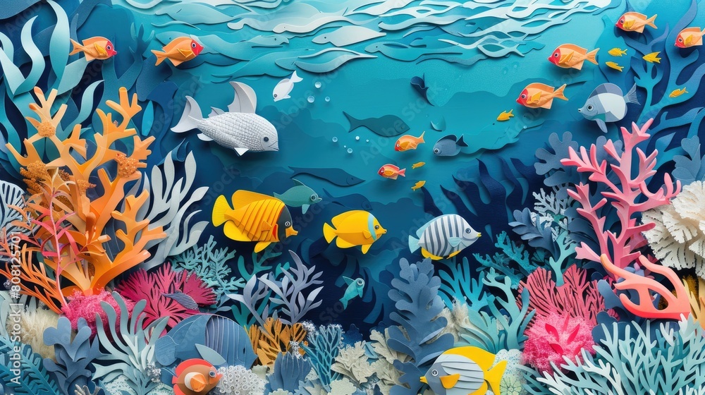 Papercut art of a coral reef with parts bleached white against vibrant ...