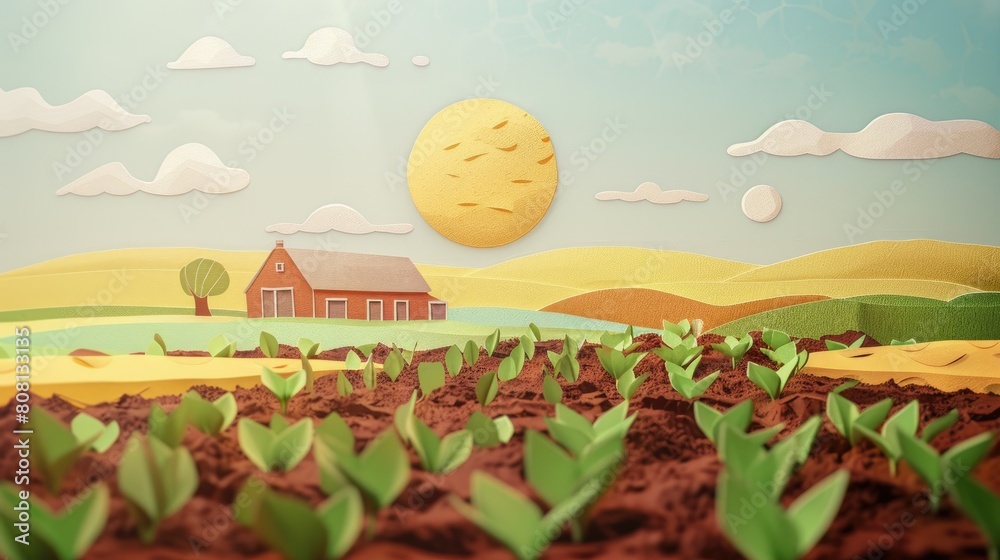 Papercut of a farm with crops wilting under a harsh paper sun ...