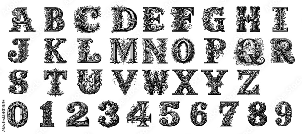 Victorian Alphabet Letters And Numbers: Ornate Alpha-Numeric Vector ...