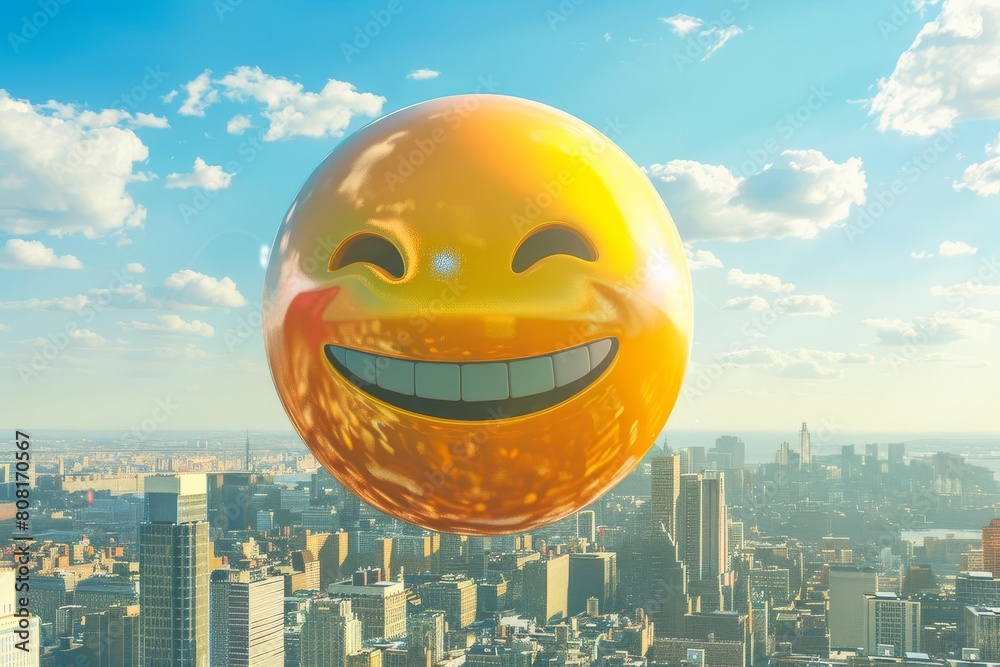 giant smiling yellow emoji face floating above the city humorous ...