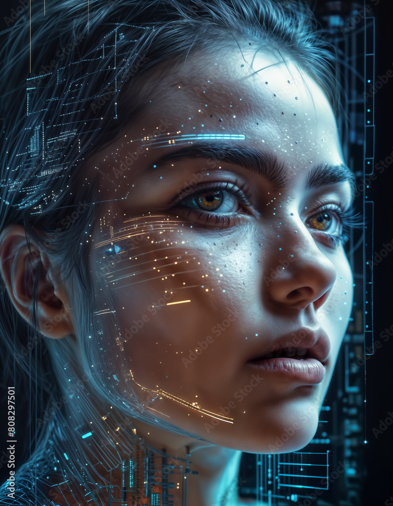 woman with circuit lines on her face and a digital texture over her ...