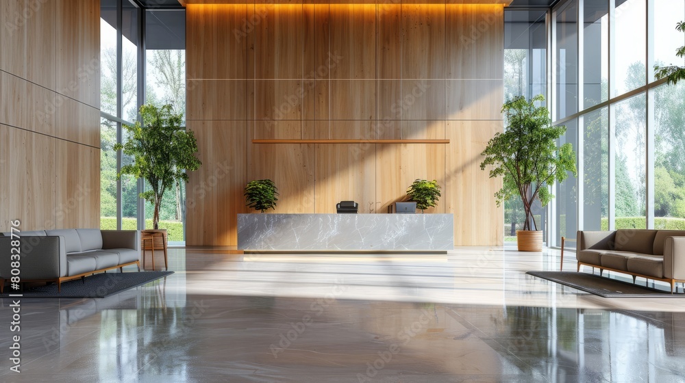 Office lobby interior reception desk and waiting space, panoramic ...