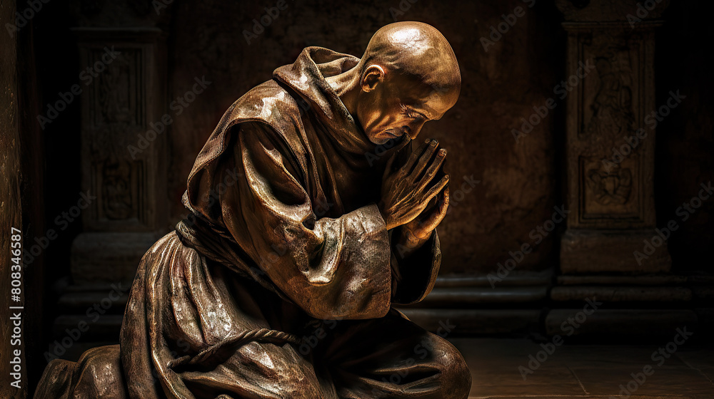 Medieval Monk Praying in a Dimly Lit Monastery Chapel, Capturing ...