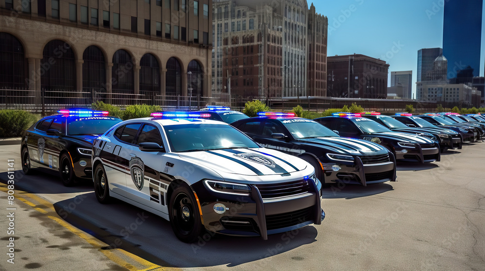 Chicago Police Department Vehicles Lined Up in Downtown with Flashing ...