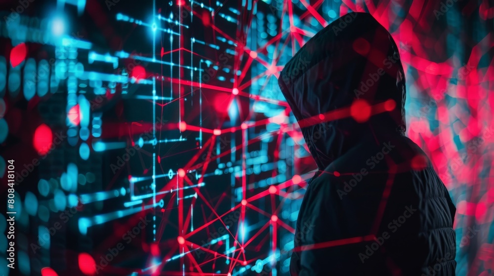 A cyber security specialist tracing the path of a digital hack through ...