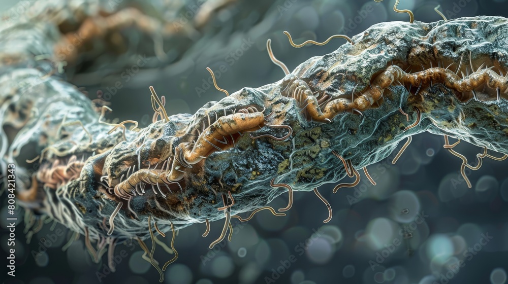 Close-up detailed scientific illustration of a soil nematode ...