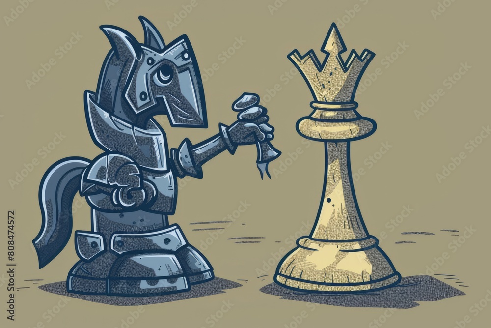 Cartoon cute doodles of a heroic knight chess piece, rescuing a ...