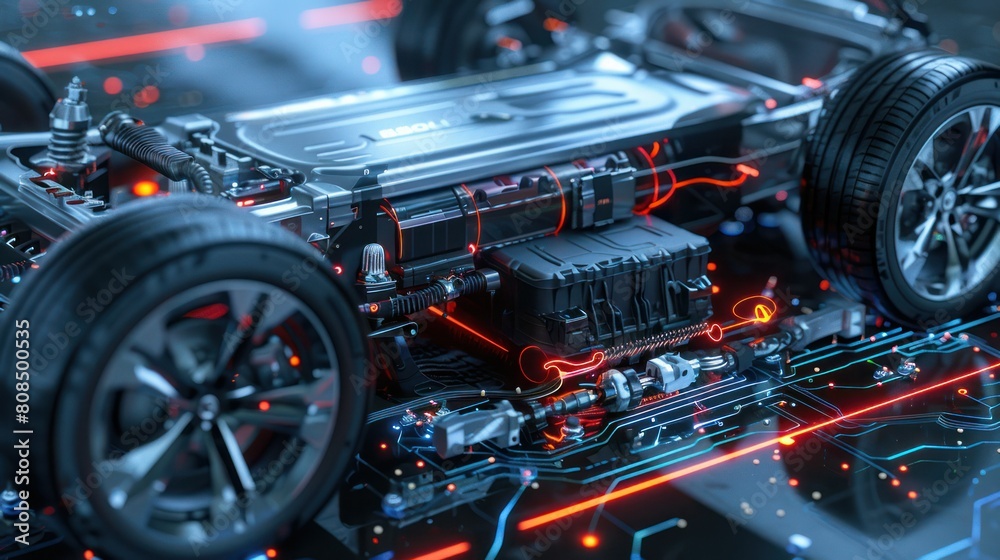 schematic diagram of an electric vehicle's powertrain system, clearly ...