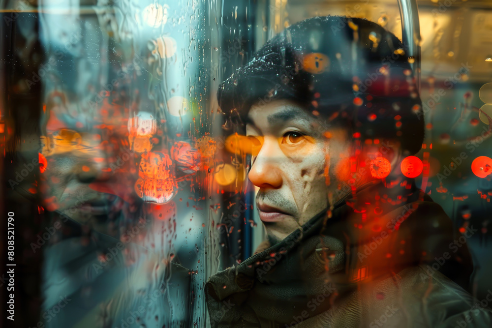 Thoughtful man on a rainy night bus, reflection of city lights on ...