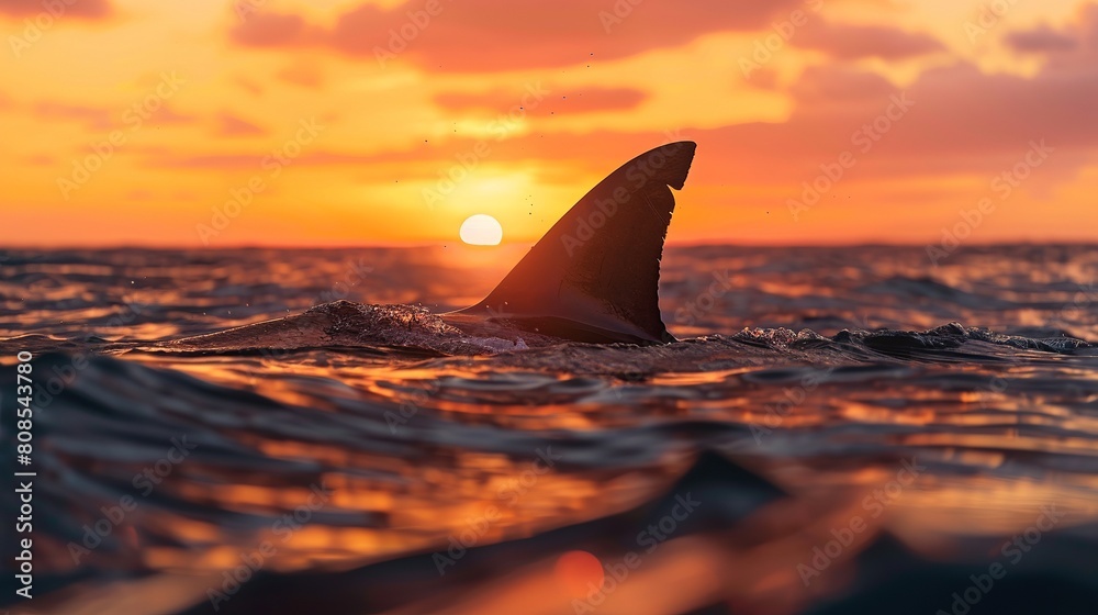 Outdoor photo of detail of a large great white shark fin, heading away ...