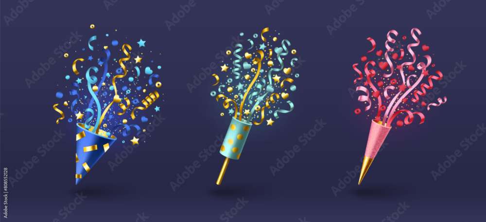 Birthday, New Year and Christmas party popper with flying confetti ...