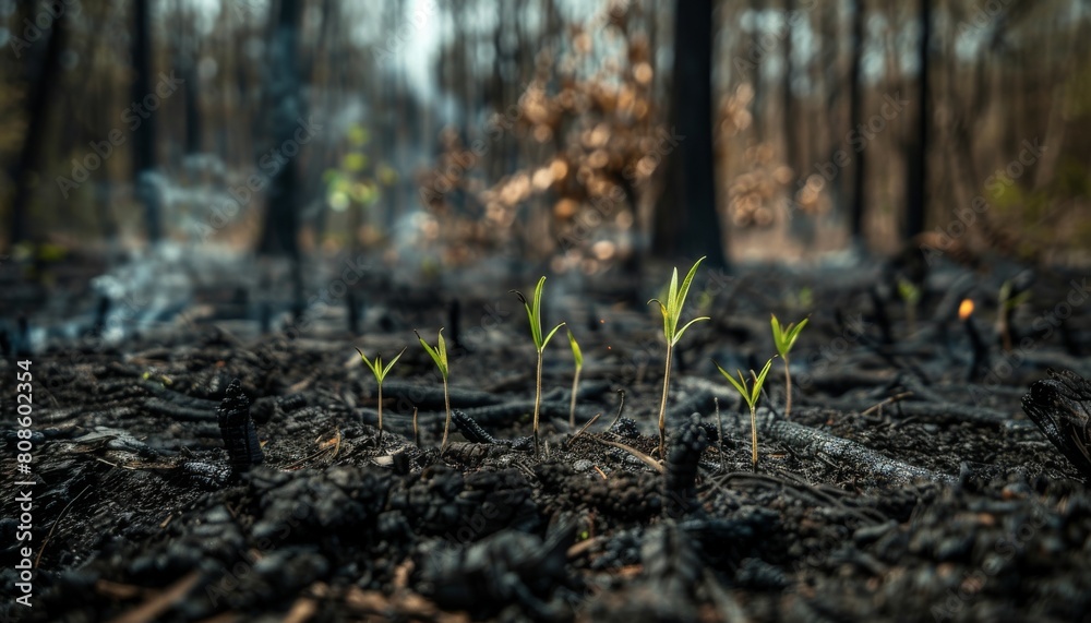 Recently extinguished forest fire with new sprouts of green bravely ...