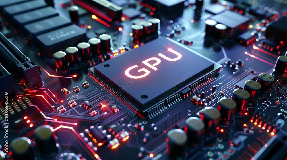 A close-up view of a high-performance GPU (Graphics Processing Unit) chip with intricate ...