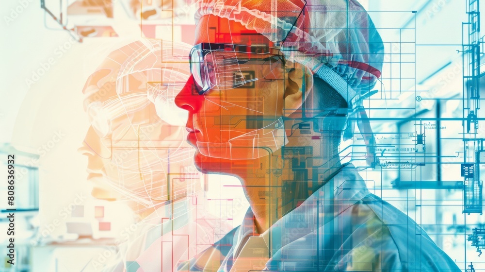 Double exposure of engineers with construction site overlay ...