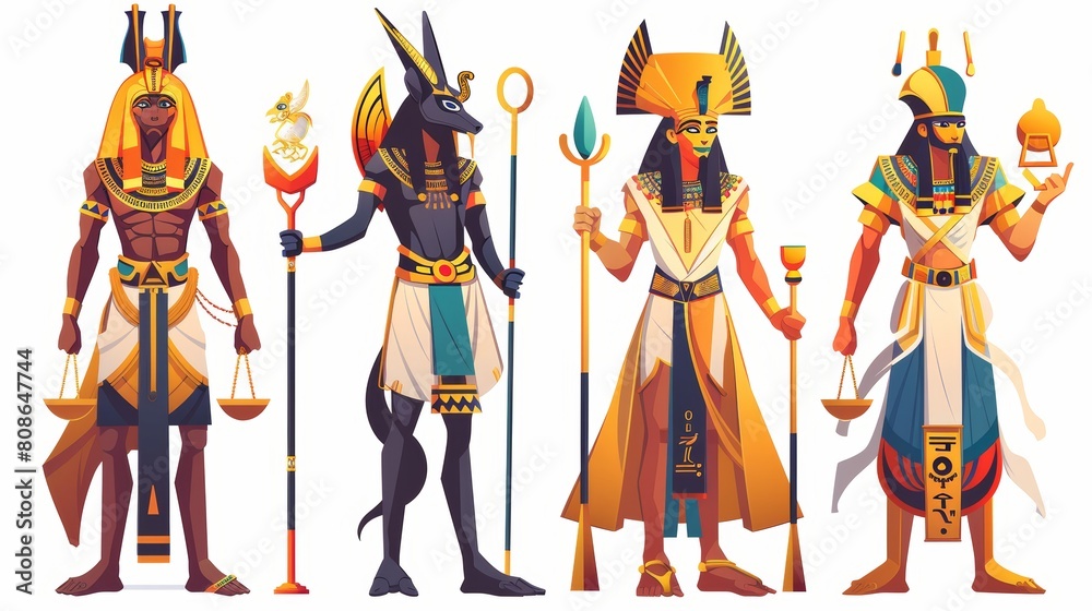 The Egyptian gods Anubis, Ra, Amon and Osiris holding gold coins and ...