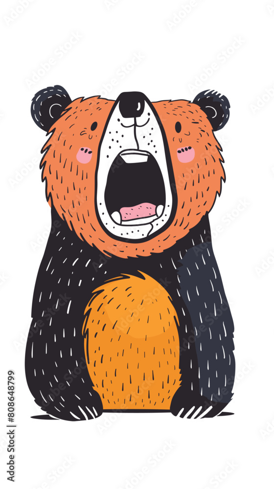 Handdrawn cartoon bear roaring loudly, angry facial expression, orange ...