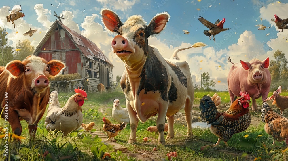 Barnyard Animals: In the barnyard, a mix of animals--cows, chickens ...