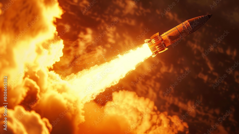 Vivid close-up of a rocket launch vehicle's engine firing, flames and ...
