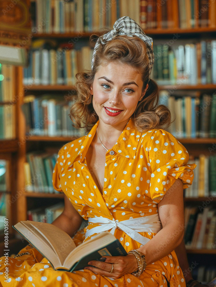 Charming vintage pin-up girl sitting in a library and reads a book ...