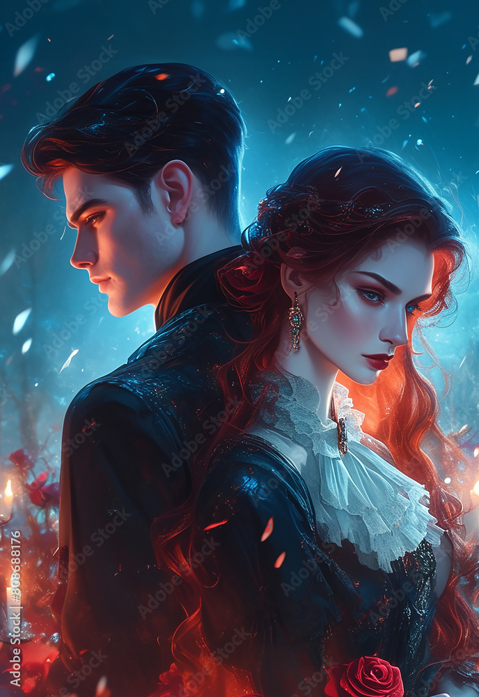 Beautiful fantasy couple, aristocrats, drawing, digital processing ...