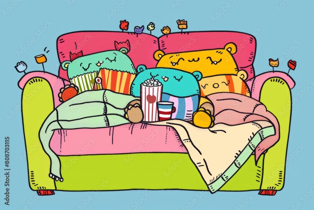 Cartoon cute doodles of a family movie marathon, snuggled up together ...
