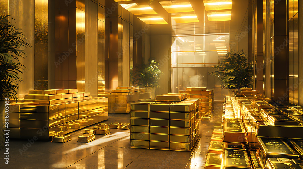 A modern Interior design for a vault filled with cash and gold bars ...