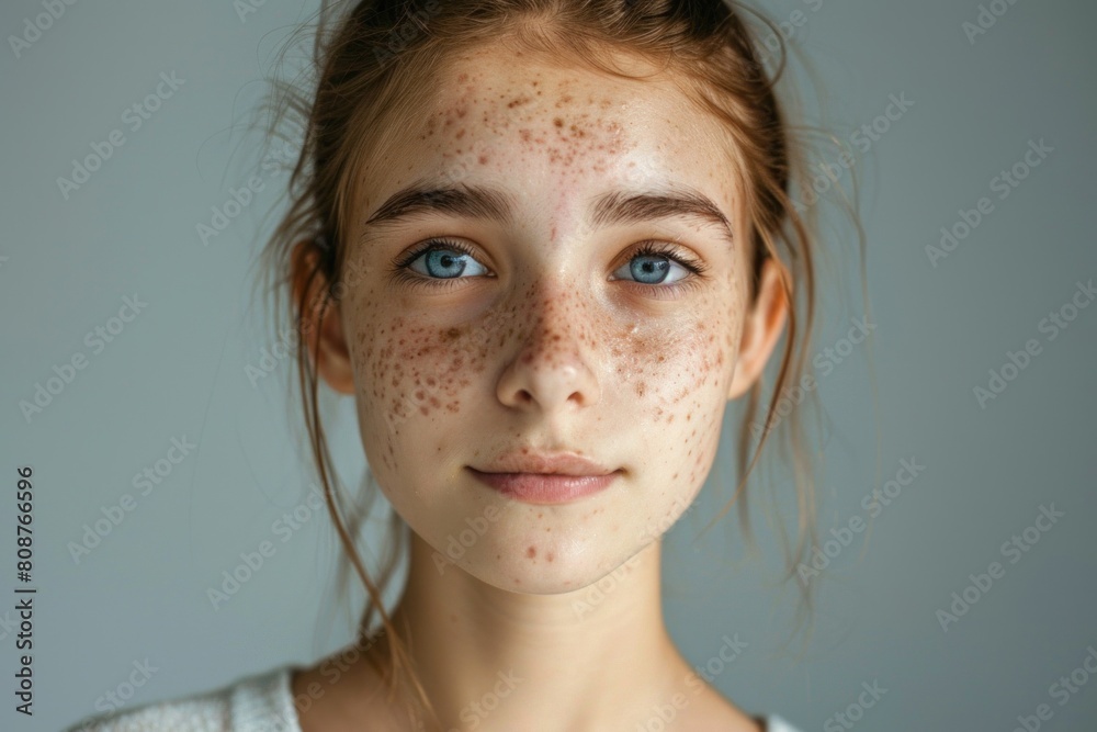 Closeup portrait of a 15yearold girl with natural acne, showcasing her ...