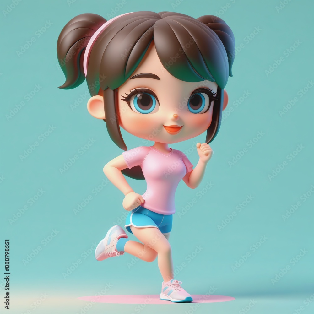 3D illustration cartoon of running cute girl, isolate on green pastel ...