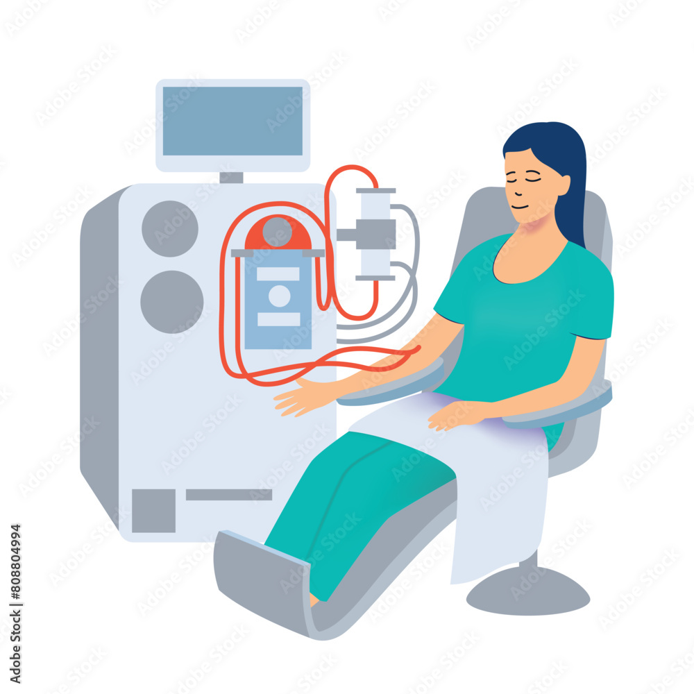 Bright stylish illustration with a hemodialysis unit and a patient in a ...