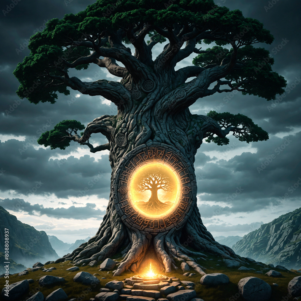 Golden Shining Yggdrasil portal, Tree of life, Norse mythology, stone ...