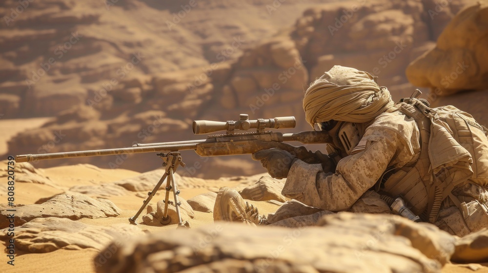 Special forces sniper in ghillie suit with a high-precision rifle with ...