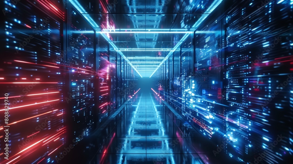 Shot of Corridor in Working Data Center Full of Rack Servers and ...