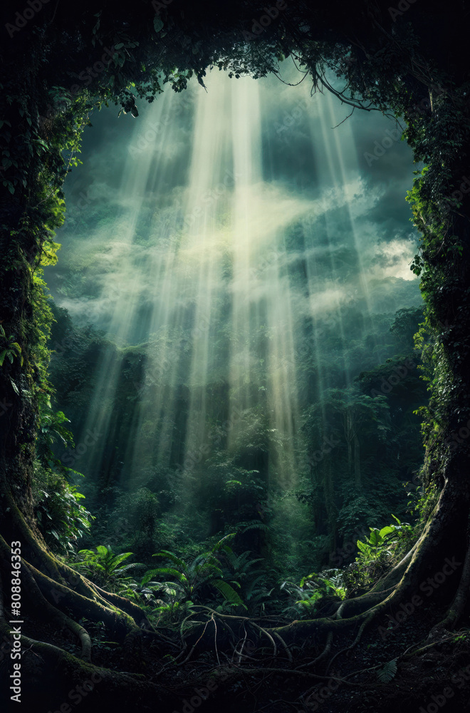 Ethereal rays of light in a Fantasy lush forest frame. Jungle clearing ...