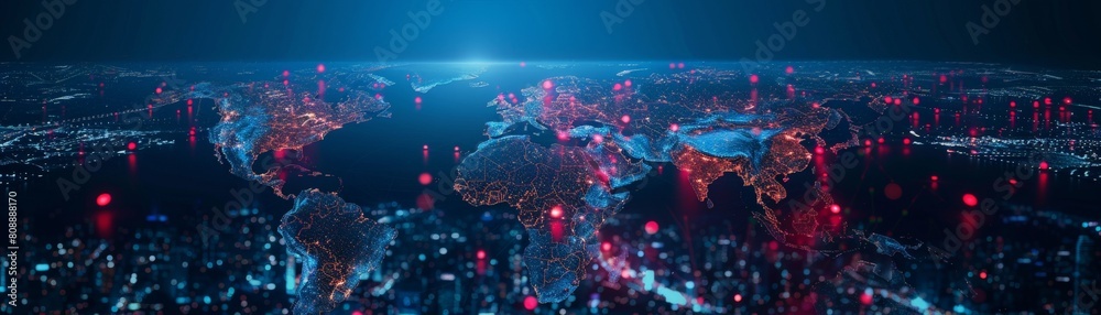 A world map composed of smartphone screens, red alert messages flood ...